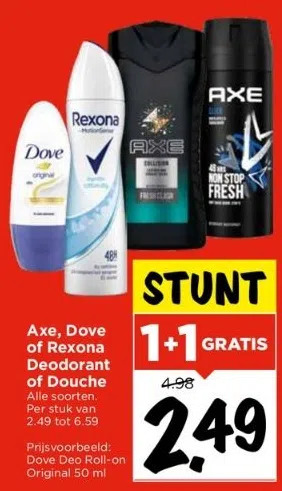 Axe, dove of rexona deodorant of douche aanbieding bij Vomar