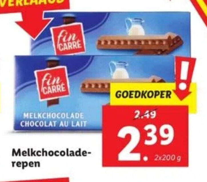Melkchocolade- repen 2 x 200g aanbieding bij Lidl