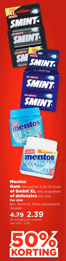 Mentos gum of smint xl of defensive aanbieding bij PLUS