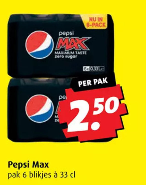 Pepsi Max pak 6 blikjes à 33 cl aanbieding bij Boni