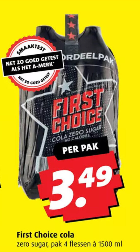 First Choice cola zero sugar, pak 4 flessen à 1500 ml aanbieding bij Boni