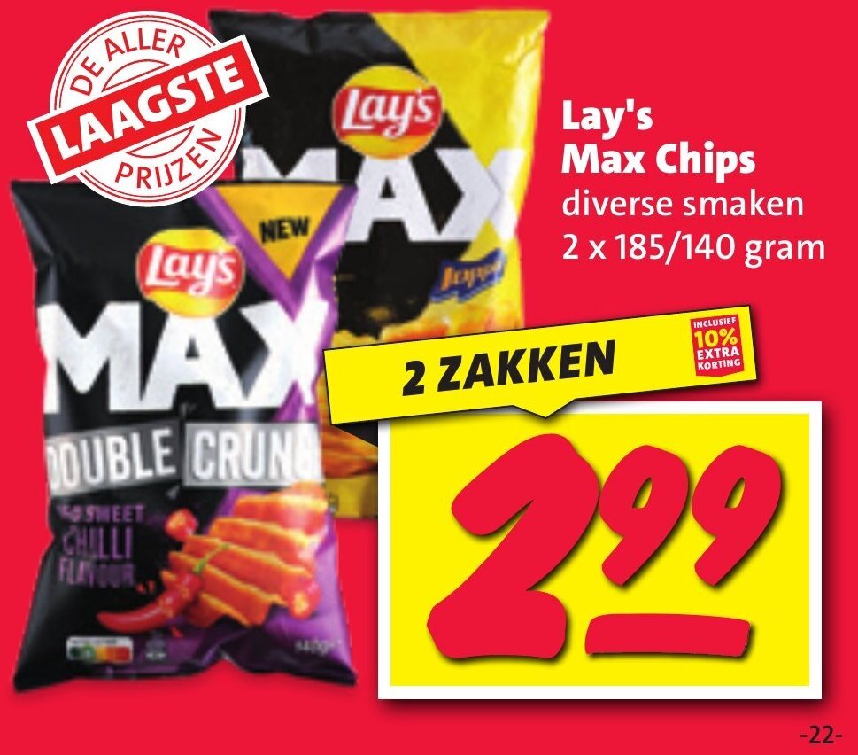 Lay's Max Chips 2 ZAKKEN aanbieding bij Nettorama