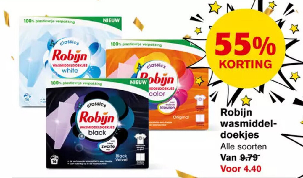Robijn wasmiddel-doekjes aanbieding bij Hoogvliet