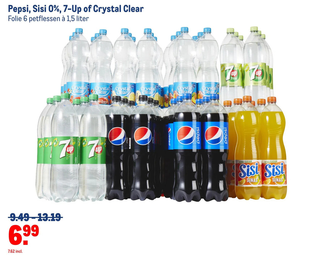 Pepsi, sisi 0%, 7-up of crystal clear aanbieding bij Makro