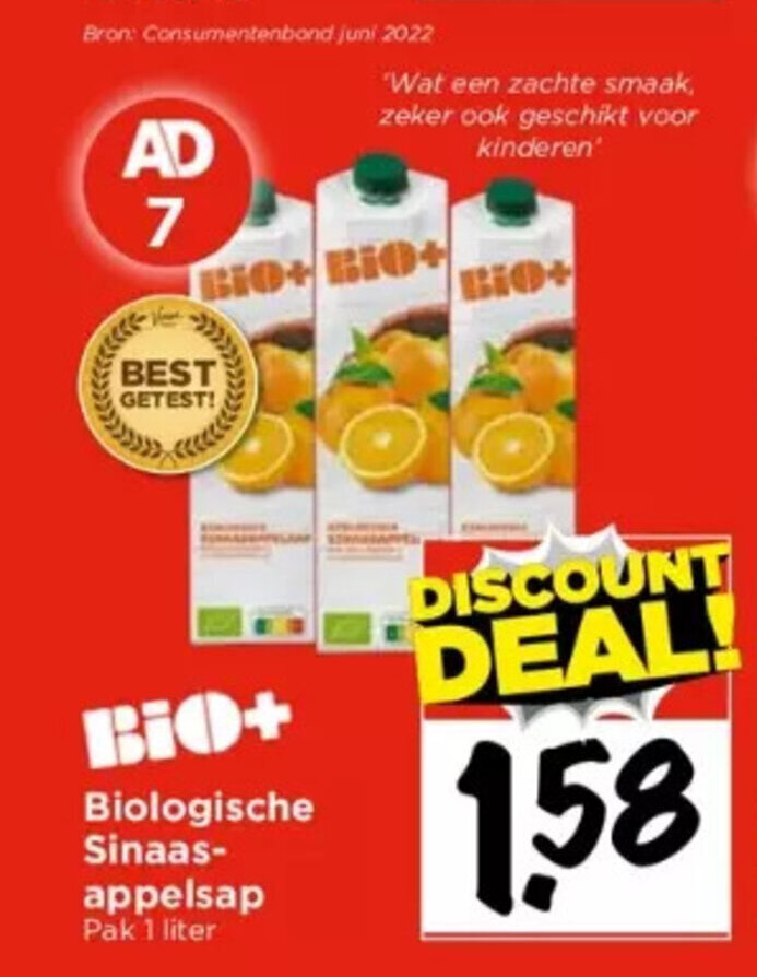 Biologische Sinaas-appelsap Pak 1 liter aanbieding bij Vomar Voordeelmarkt
