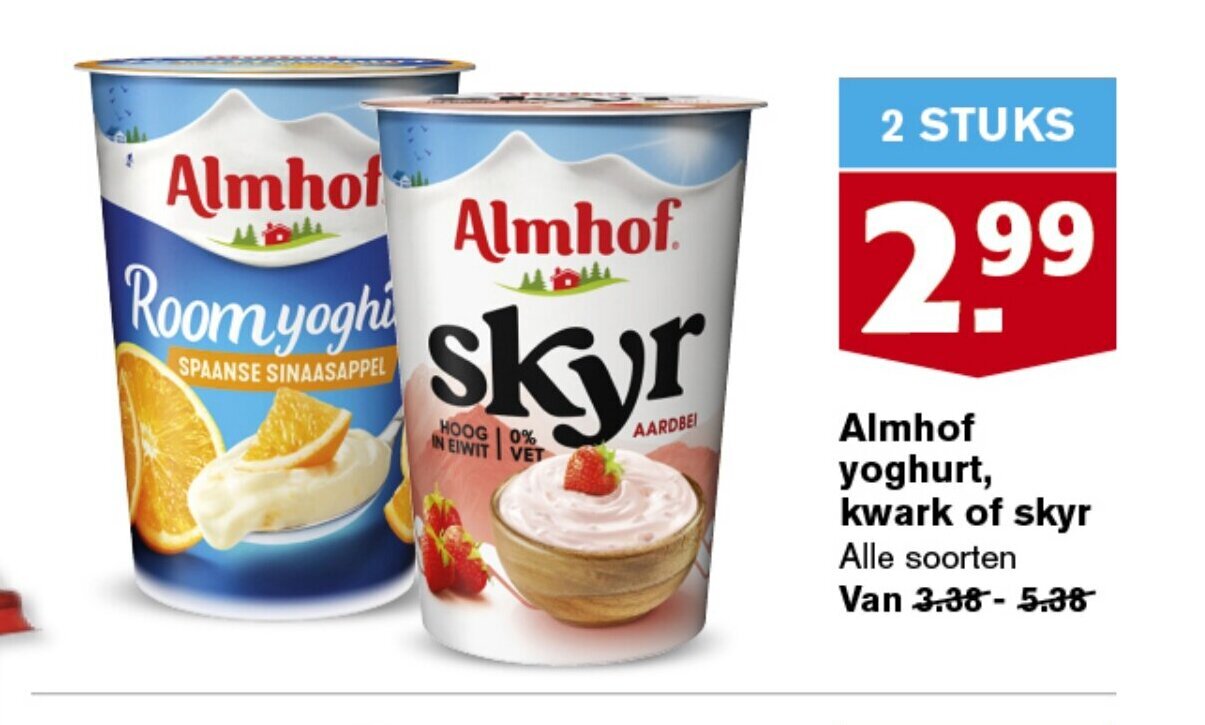 Almhof yoghurt, kwark of skyr Alle soorten aanbieding bij Hoogvliet