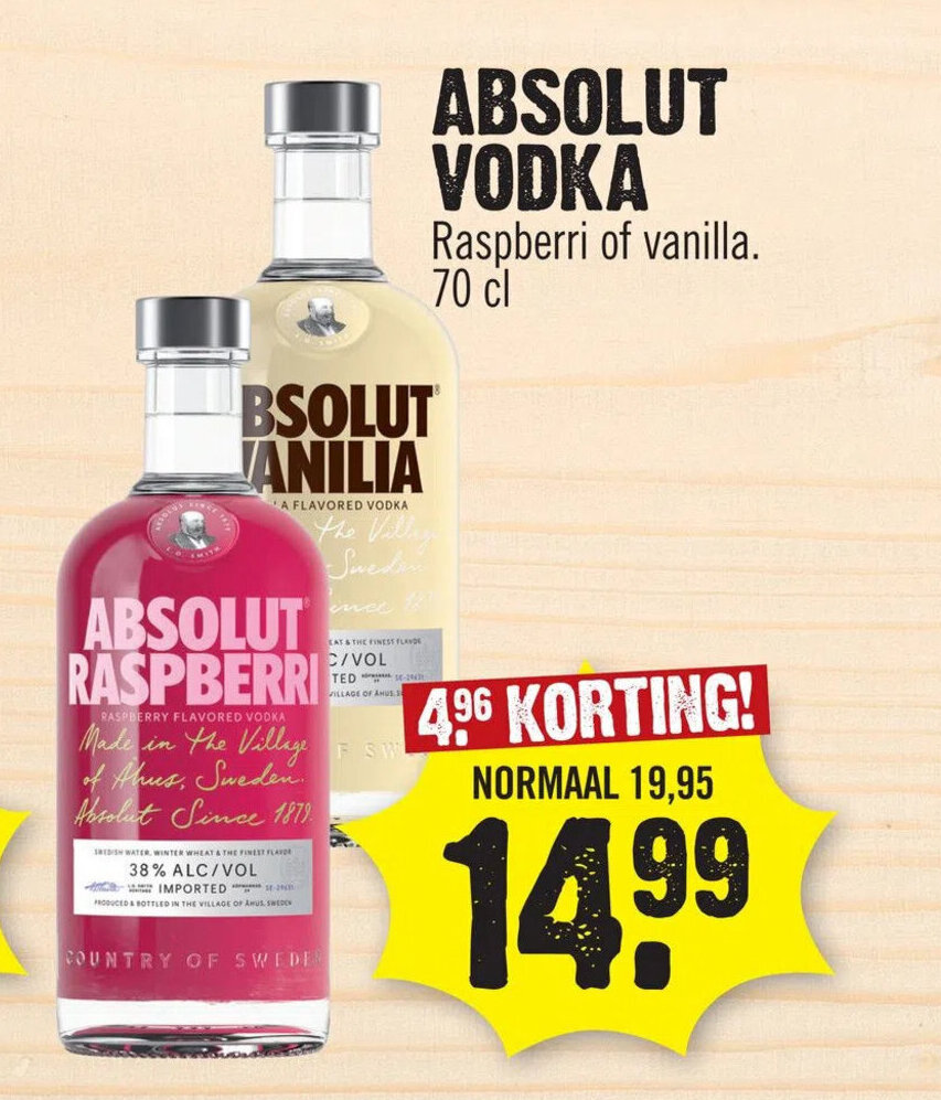 ABSOLUT VODKA Raspberri of vanilla. 70 cl aanbieding bij Dirk