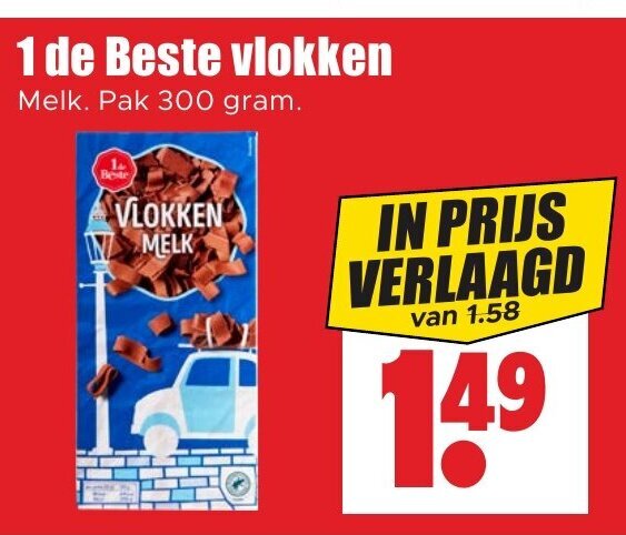 1 de Beste vlokken Melk. Pak 300 gram. aanbieding bij Dirk