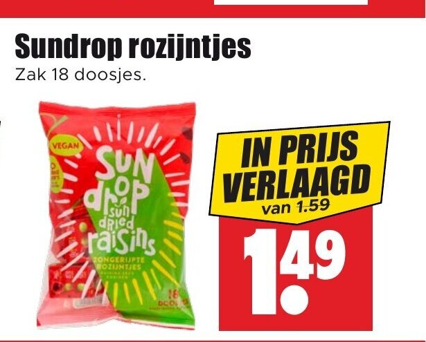 Sundrop rozijntjes Zak 18 doosjes. aanbieding bij Dirk