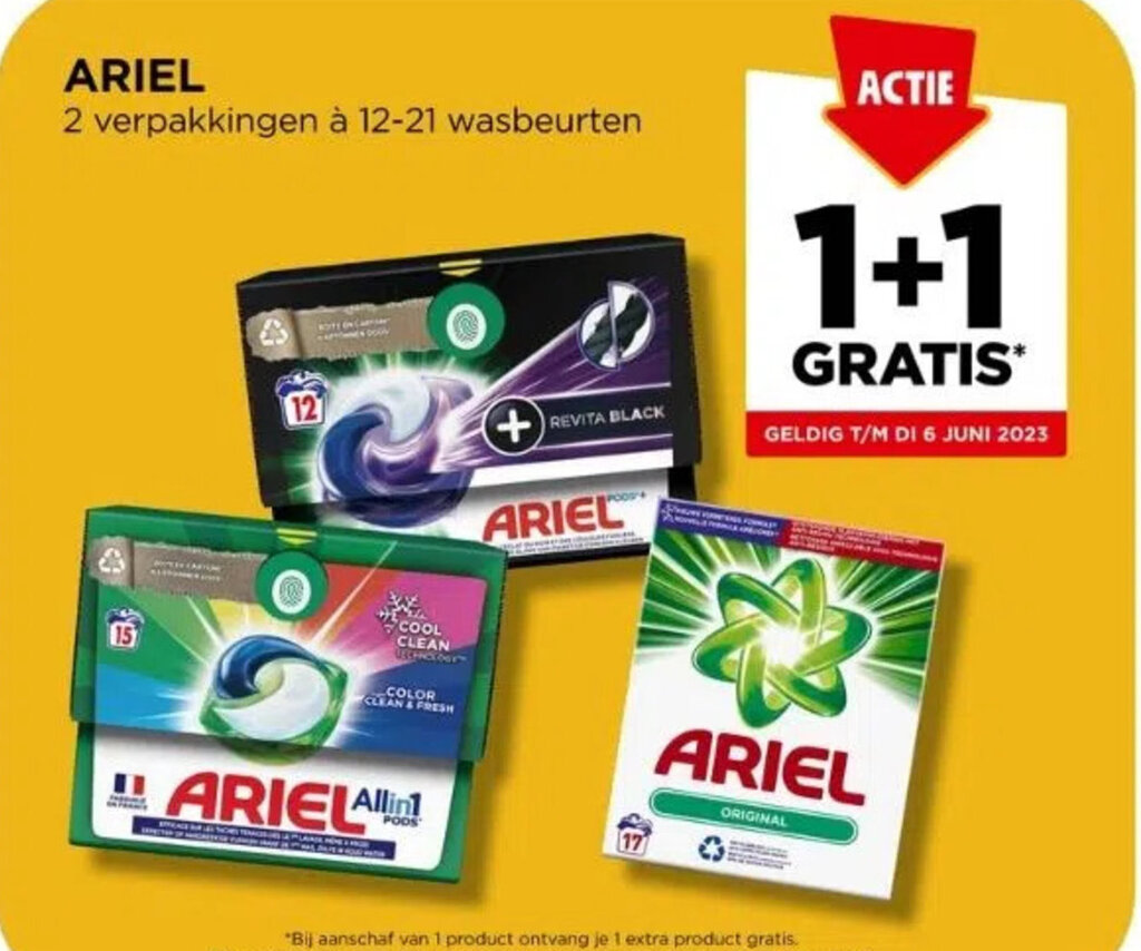 ARIEL 1+1 Gratis aanbieding bij Jumbo