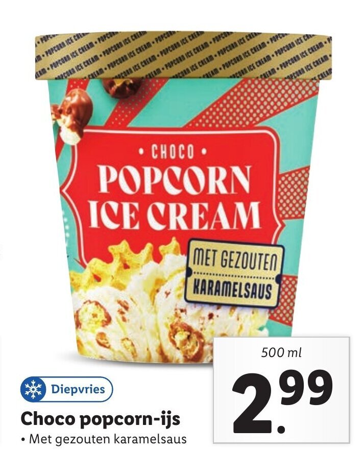 Choco popcorn-ijs 500 ml aanbieding bij Lidl