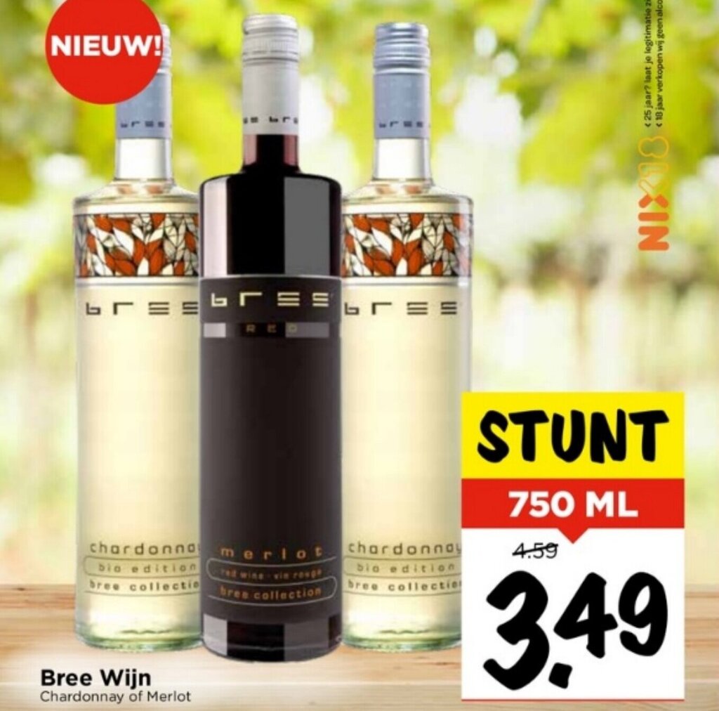 Bree Wijn Chardonnay of Merlot 750ml aanbieding bij Vomar Voordeelmarkt