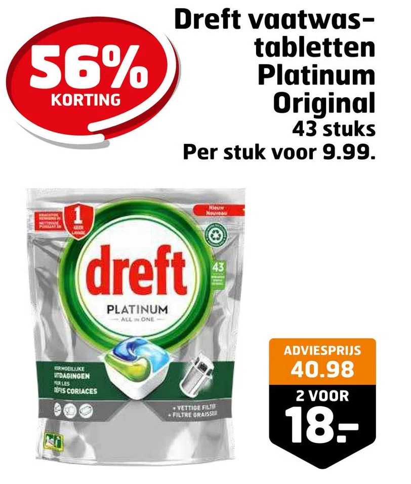 Dreft vaatwas- tabletten platinum original aanbieding bij Trekpleister