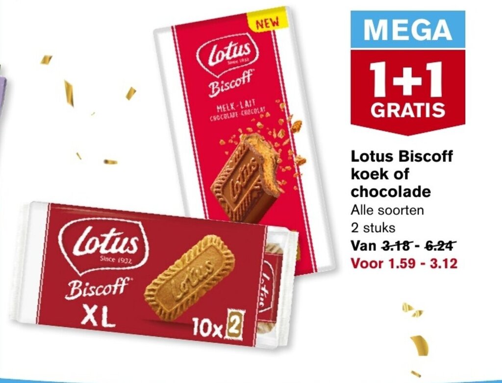 Lotus Biscoff koek of chocolade 1+1 gratis aanbieding bij Hoogvliet