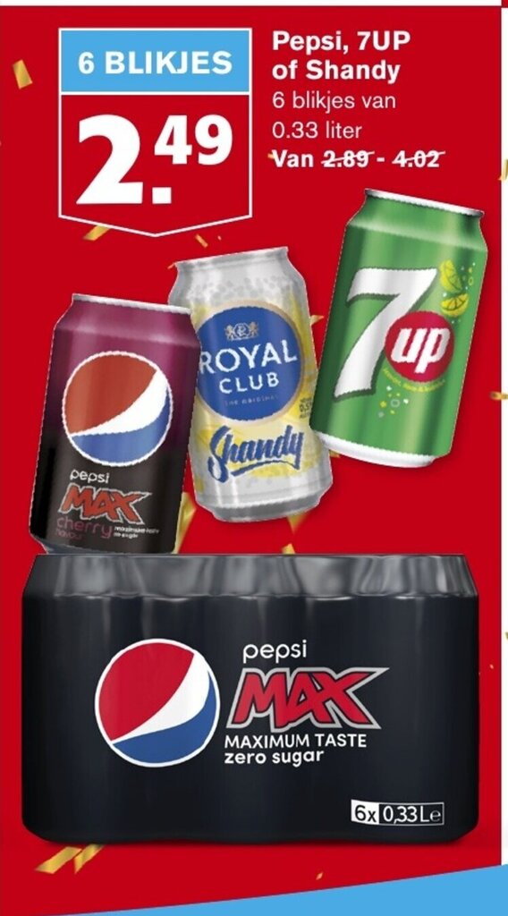 Pepsi, 7UP of Shandy 6x0.33 liter aanbieding bij Hoogvliet