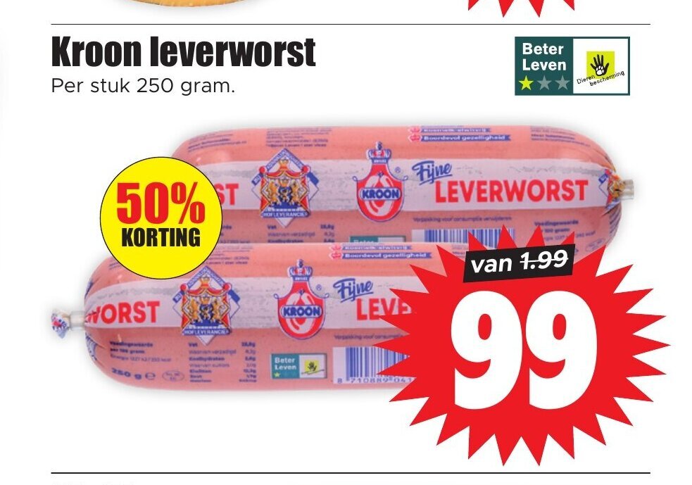 Kroon leverworst 250 gram aanbieding bij Dirk