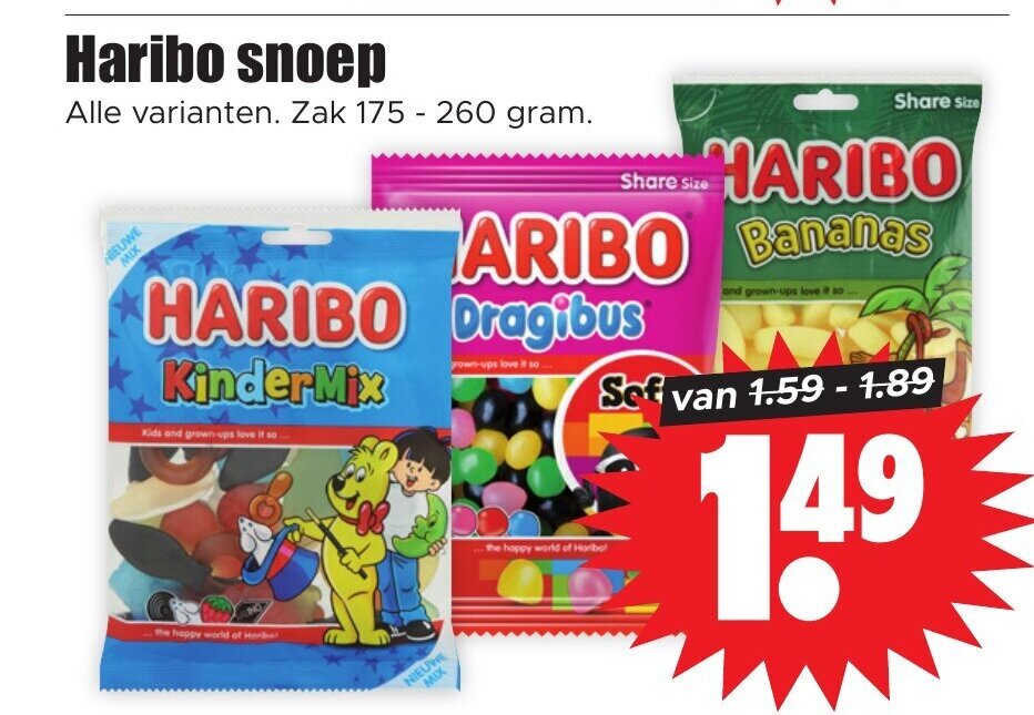 Haribo snoep Zak 175 - 260 gram. aanbieding bij Dirk