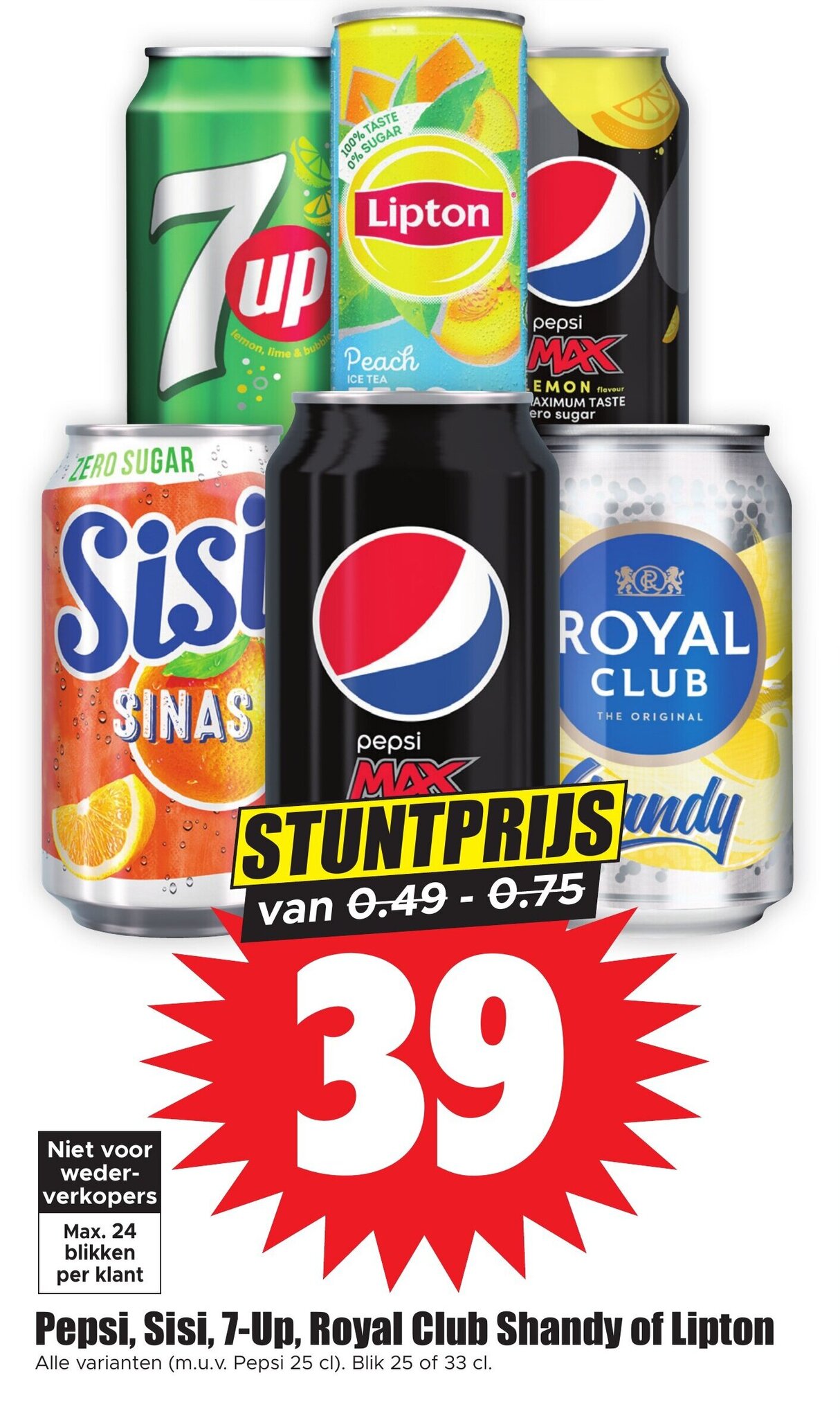 Pepsi, Sisi, 7-Up, Royal Club Shandy of Lipton aanbieding bij Dirk