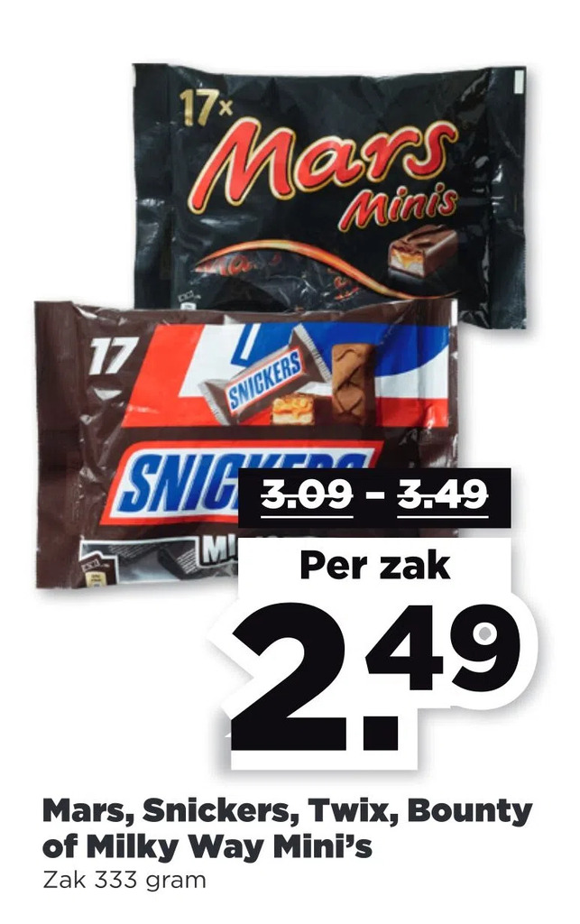 Mars, snickers, twix, bounty of milky way mini's aanbieding bij PLUS