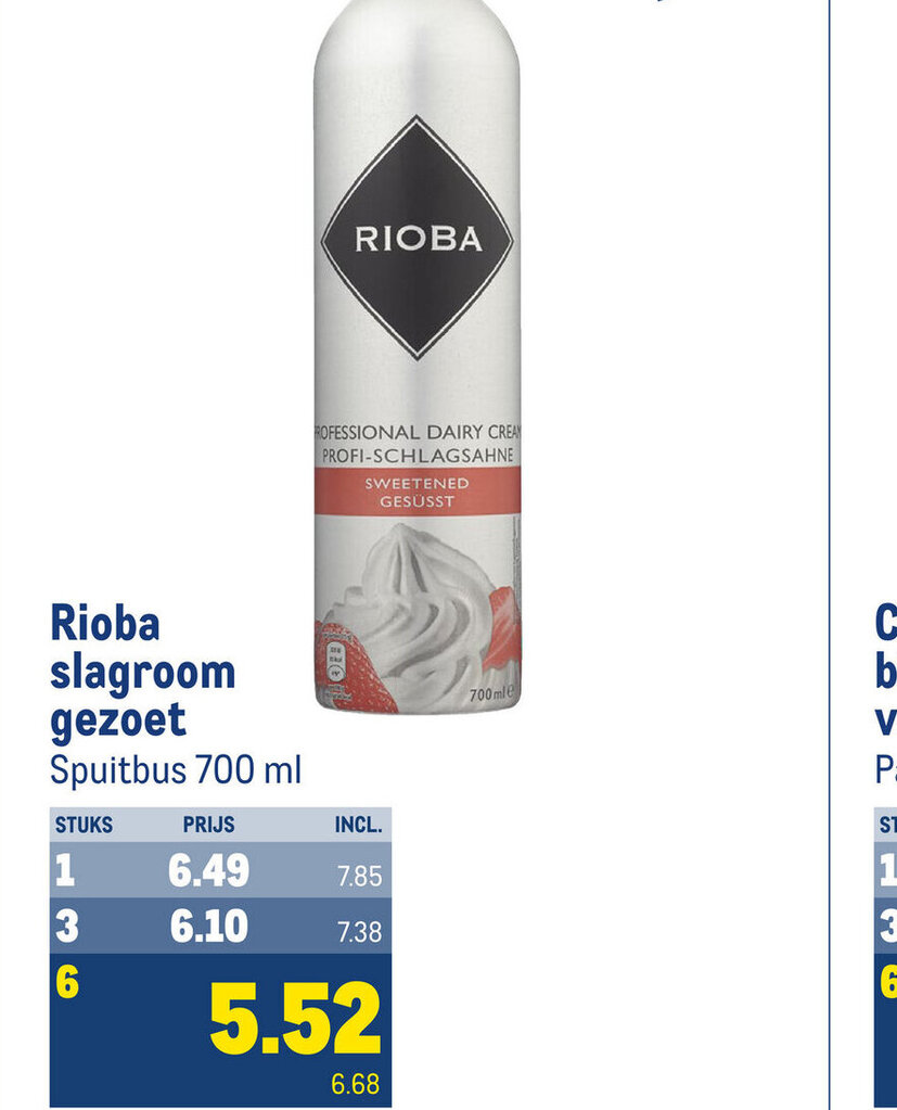Rioba slagroom gezoet Spuitbus 700 ml aanbieding bij Makro