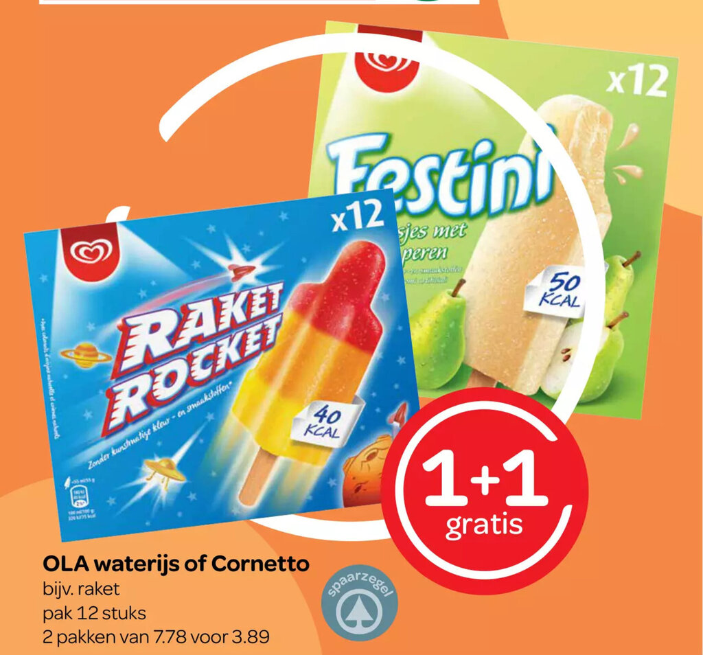 OLA waterijs of Cornetto pak 12 stuks 1+1 Gratis aanbieding bij Spar
