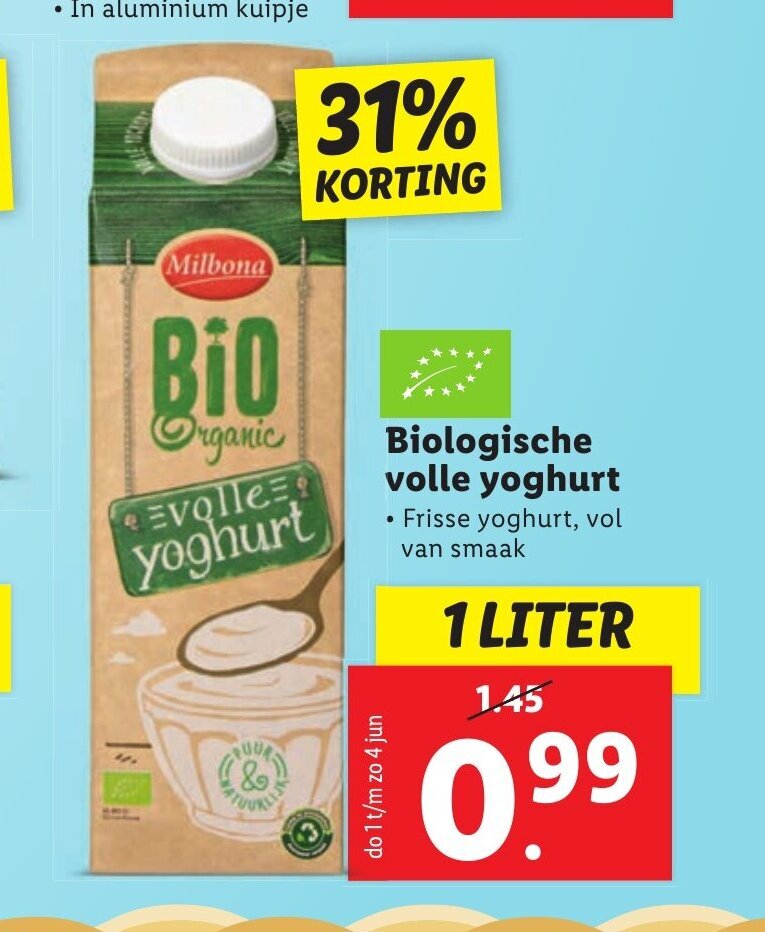 Biologische volle yoghurt 1 LITER aanbieding bij Lidl