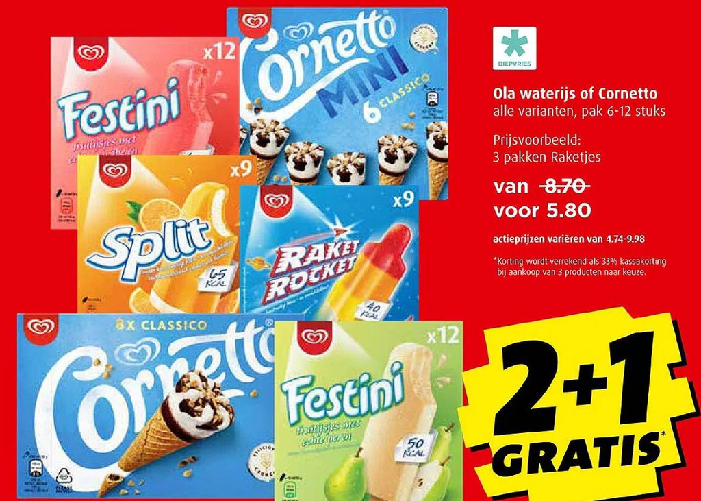 Ola waterijs of cornetto 2+1 GRATIS aanbieding bij Boni