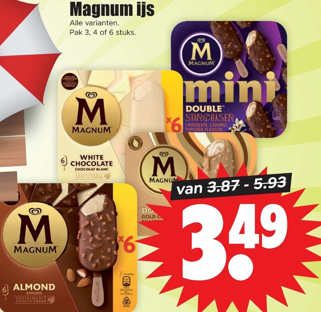 Magnum ijs Alle varianten. Pak 3, 4 of 6 stuks. aanbieding bij Dirk