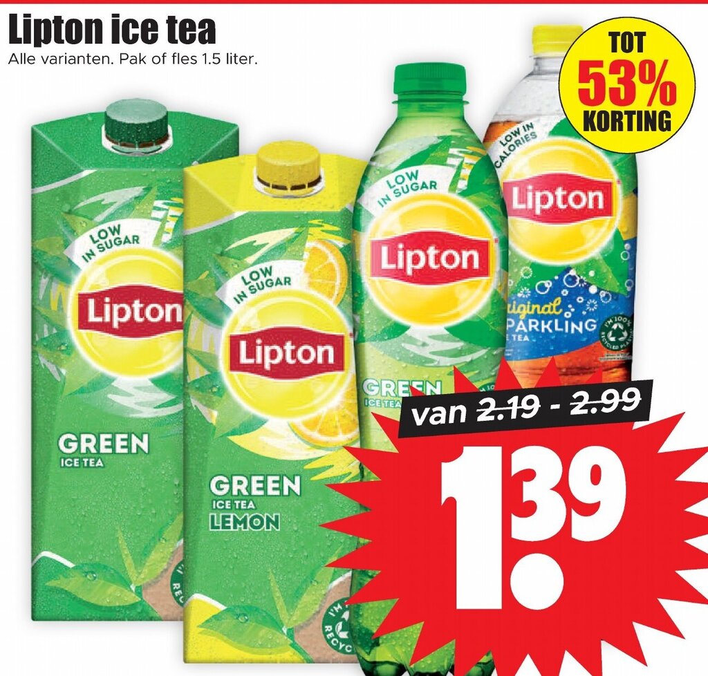 Lipton ice tea Alle varianten. Pak of fles 1.5 liter. aanbieding bij Dirk