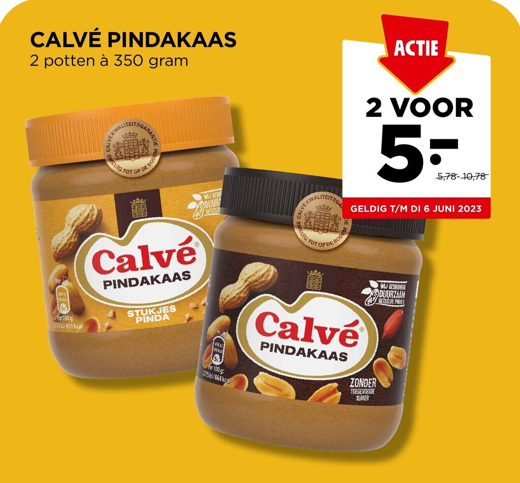CALVÉ PINDAKAAS 2 potten à 350 gram aanbieding bij Jumbo