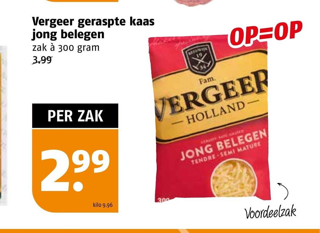 Vergeer geraspte kaas jong belegen zak à 300 gram aanbieding bij Poiesz