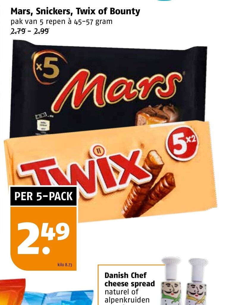 Mars, Snickers, Twix of Bounty pak van 5 repen à 45-57 gram aanbieding ...