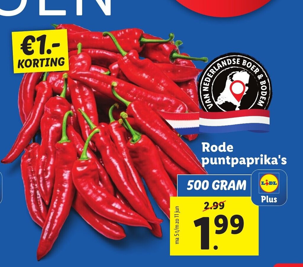 Rode puntpaprika's 500 GRAM aanbieding bij Lidl