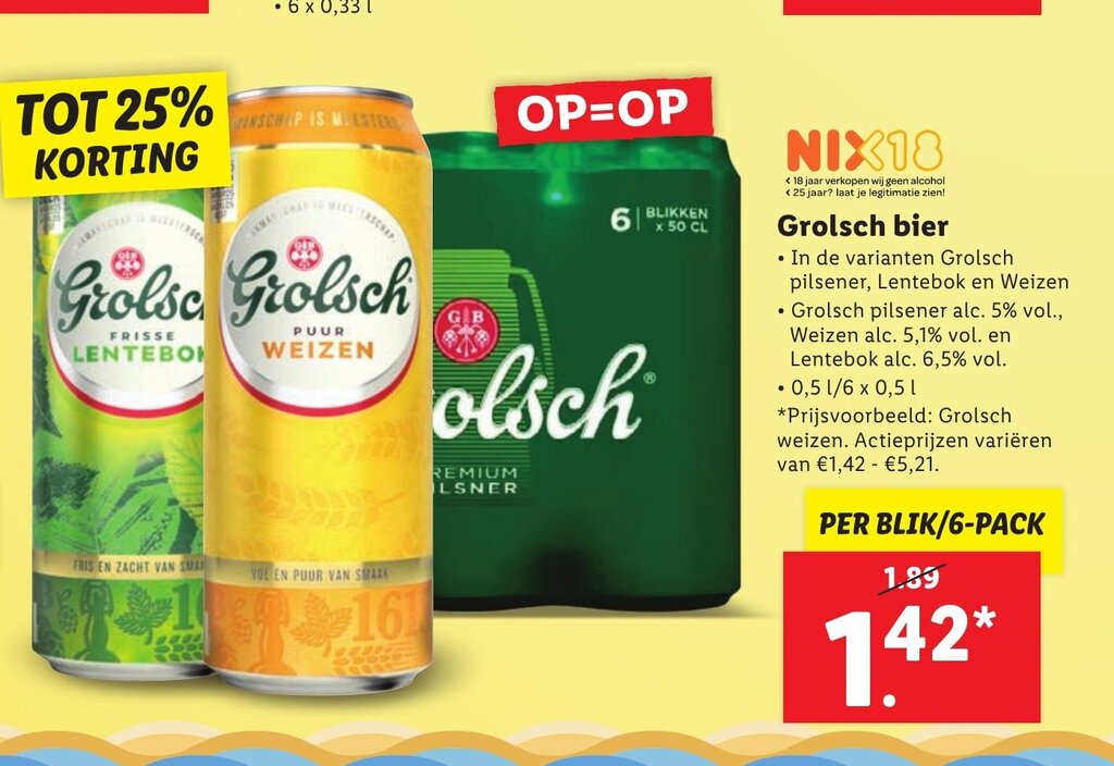 Grolsch bier per blik/6-pack aanbieding bij Lidl