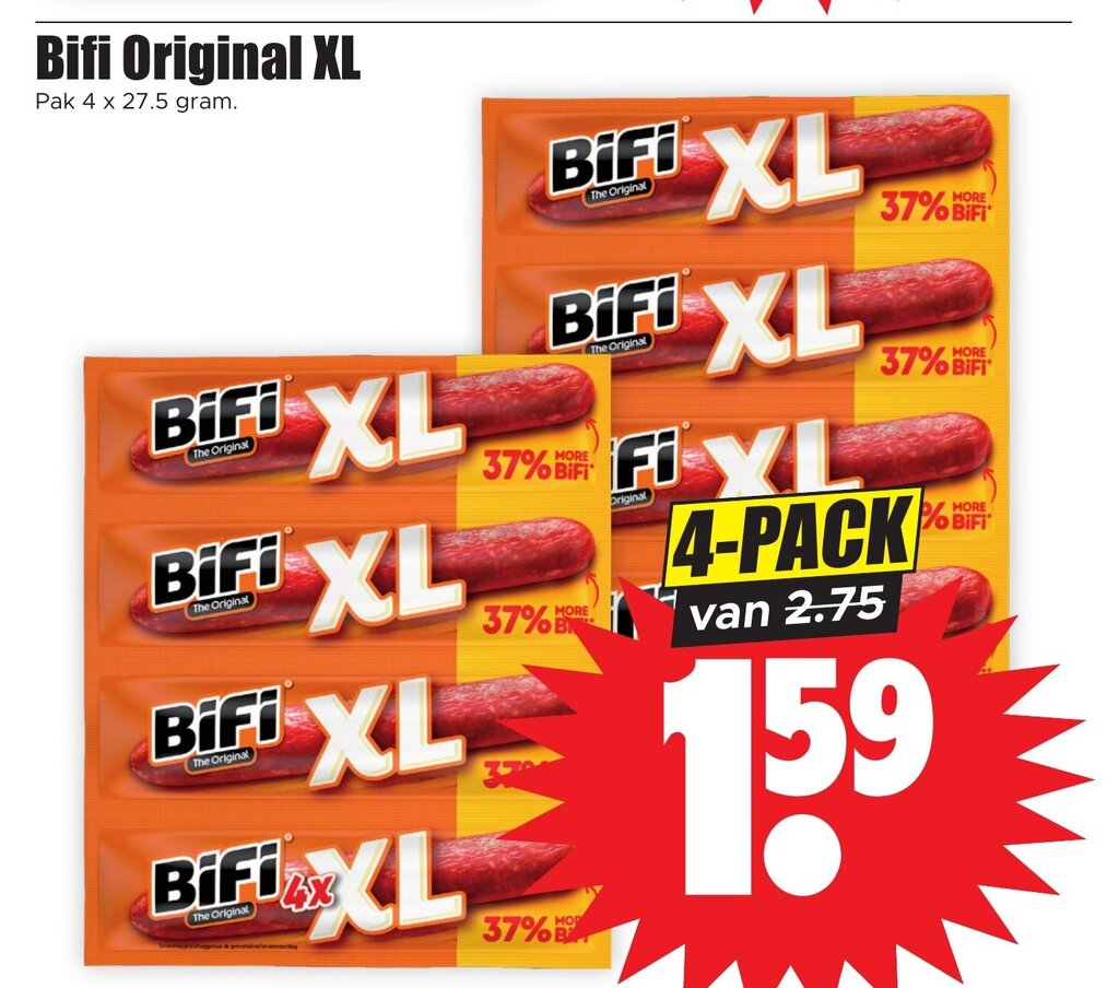 Bifi Original XL Pak 4 x 27.5 gram. aanbieding bij Dirk