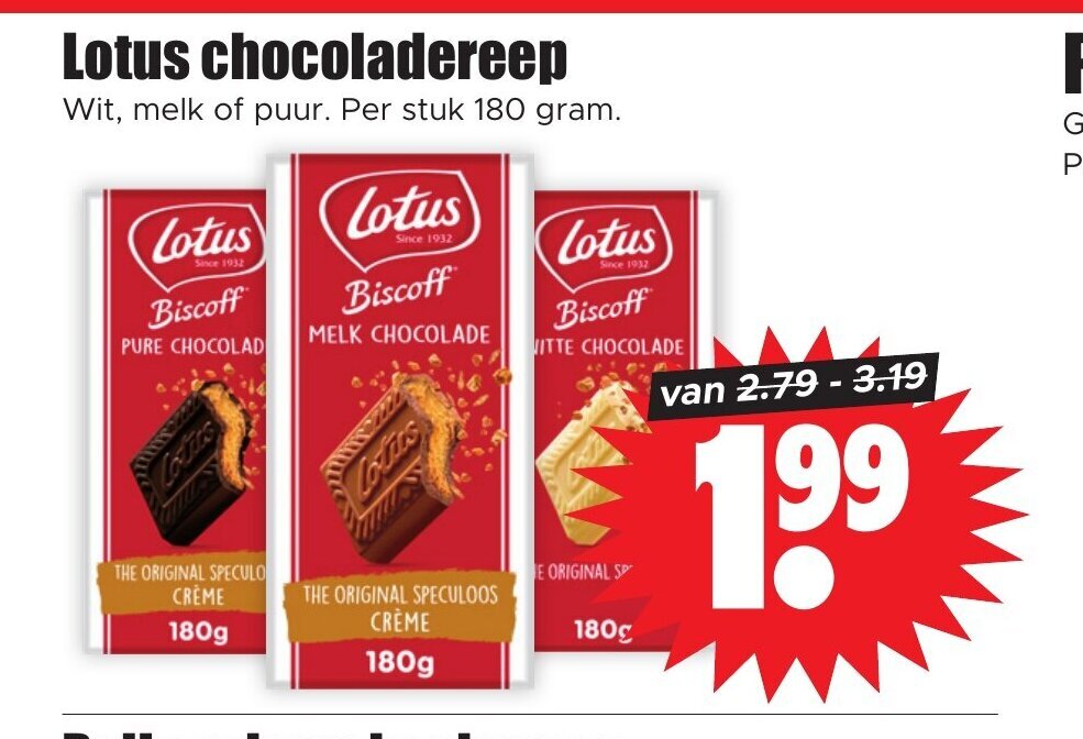 Lotus chocoladereep Wit, melk of puur. Per stuk 180 gram. aanbieding ...