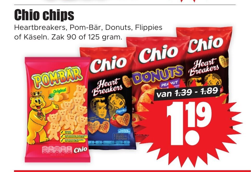 Chio chips Heartbreakers, Pom-Bär, Donuts, Flippies of Käseln. Zak 90 ...
