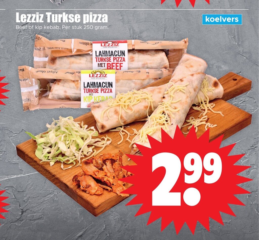 Lezziz Turkse pizza Beef of kip kebab. Per stuk 250 gram. aanbieding ...