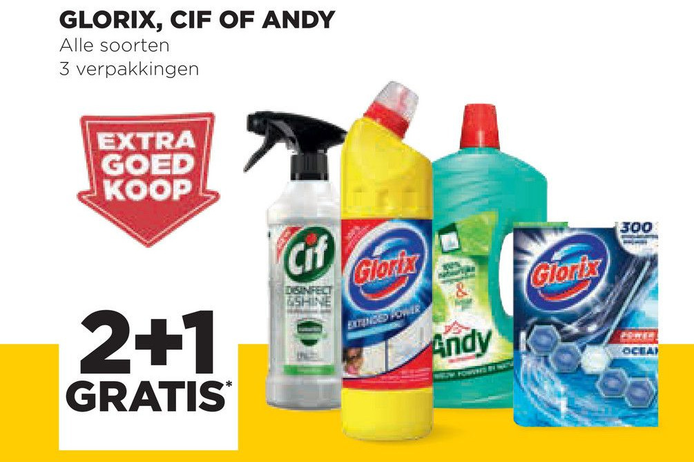 GLORIX, CIF OF ANDY 2+1 gratis aanbieding bij Jumbo
