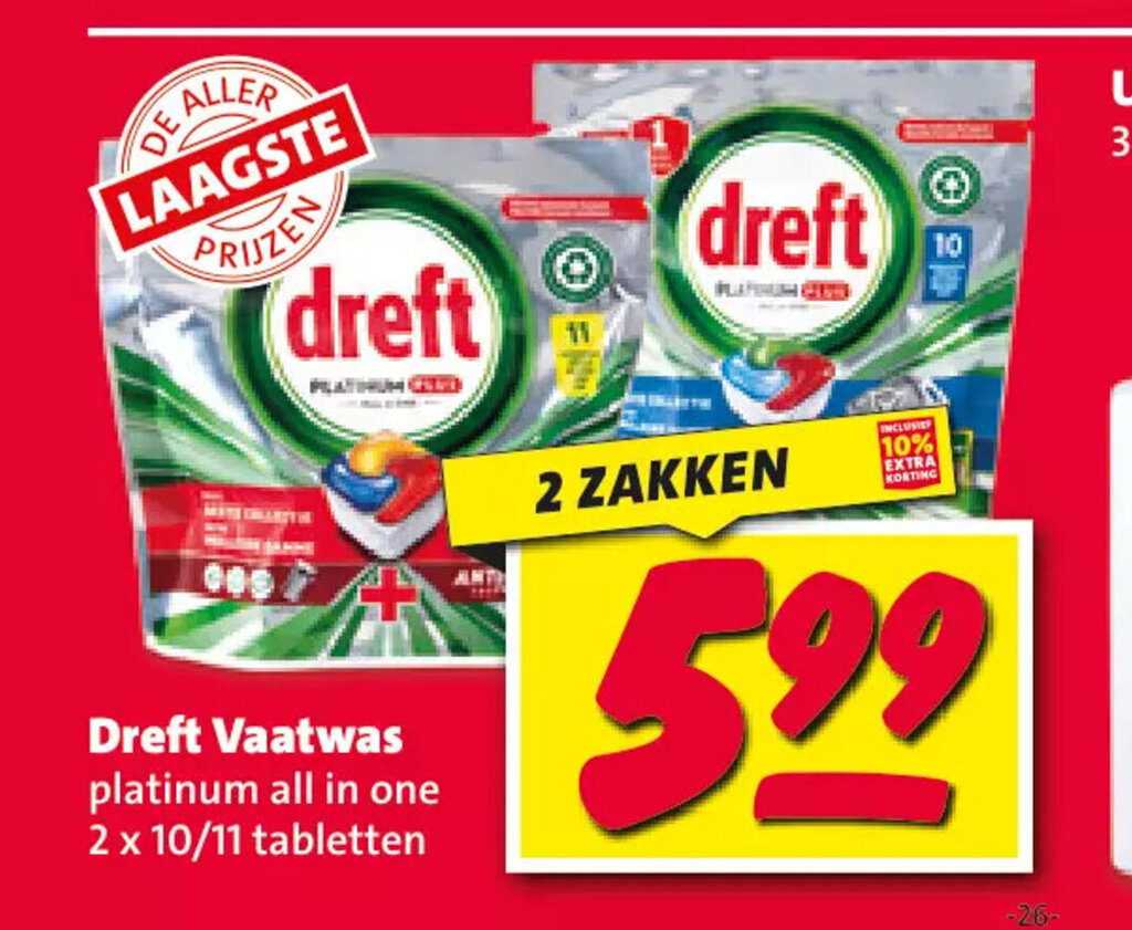 Dreft Vaatwas platinum all in one 2 x 10/11 tabletten aanbieding bij ...