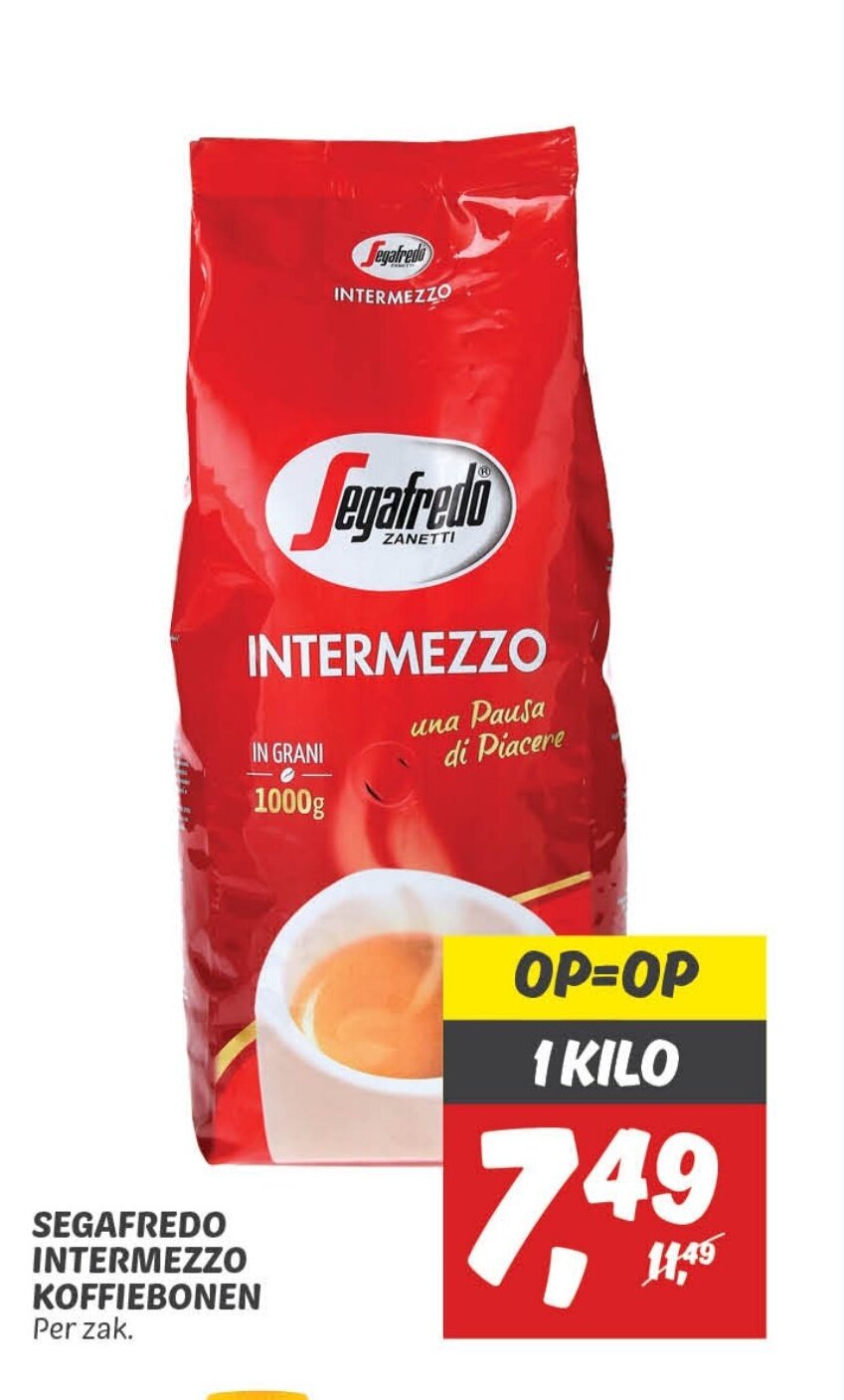 SEGAFREDO INTERMEZZO KOFFIEBONEN 1 kilo aanbieding bij Dekamarkt