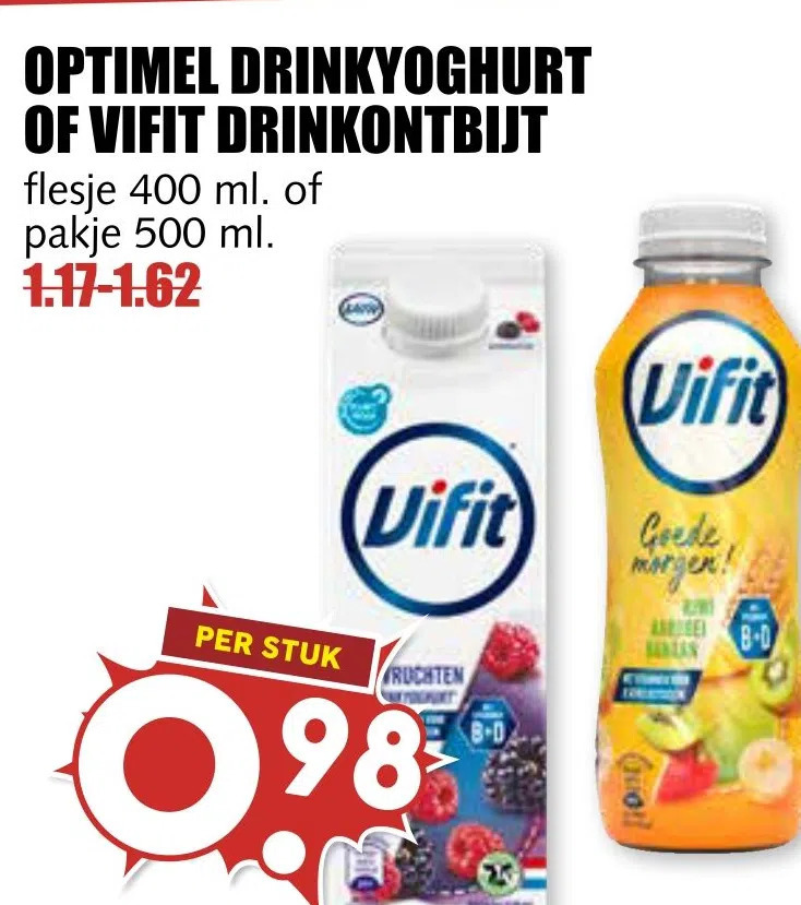 Optimel drinkyoghurt of vifit drinkontbijt aanbieding bij MCD Supermarkt