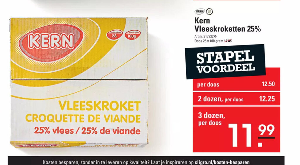 Kern Vleeskroketten 25% 3 dozen, per doos aanbieding bij Sligro