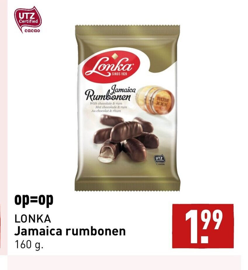 op=op LONKA Jamaica rumbonen 160 g. aanbieding bij ALDI