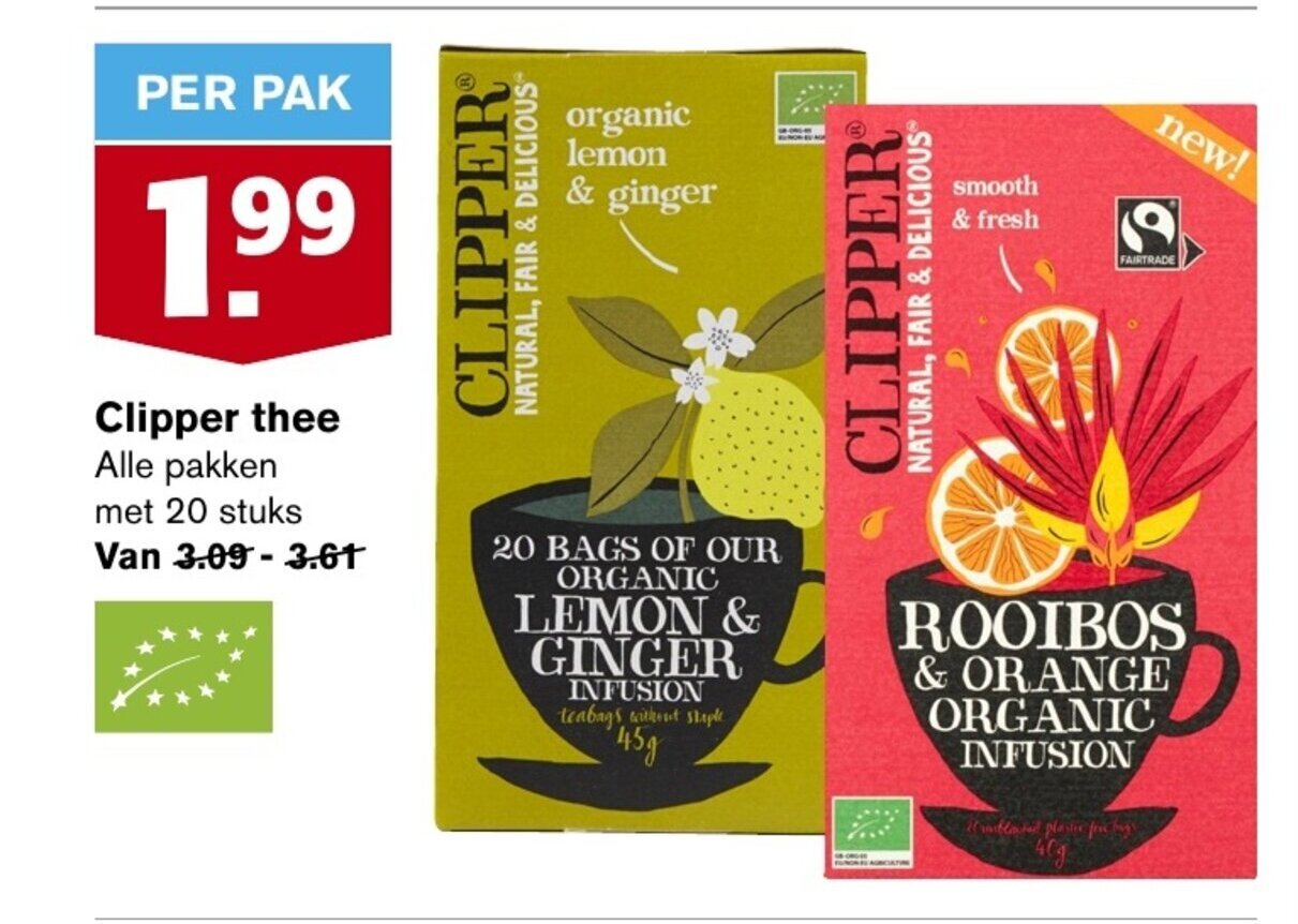 Clipper thee Alle pakken met 20 stuks aanbieding bij Hoogvliet