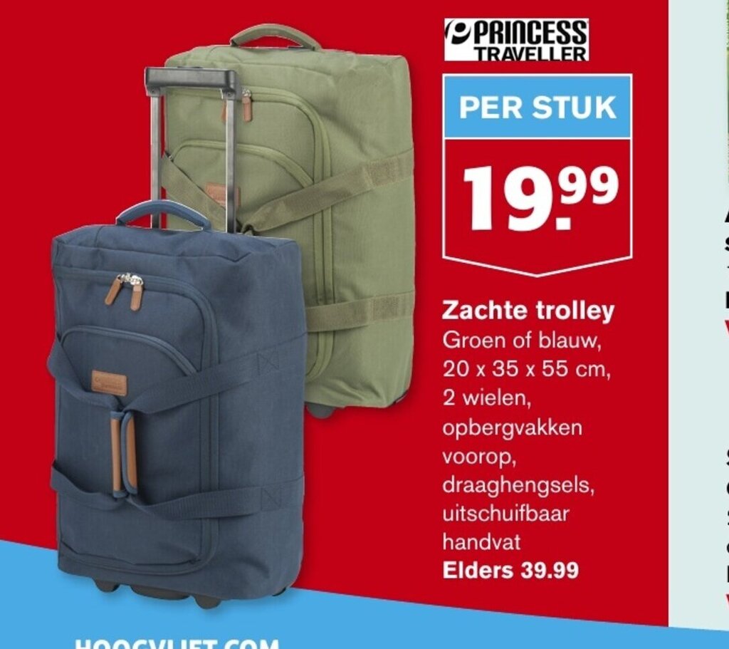 Zachte trolley Groen of blauw, 20 x 35 x 55 cm, 2 wielen, opbergvakken ...
