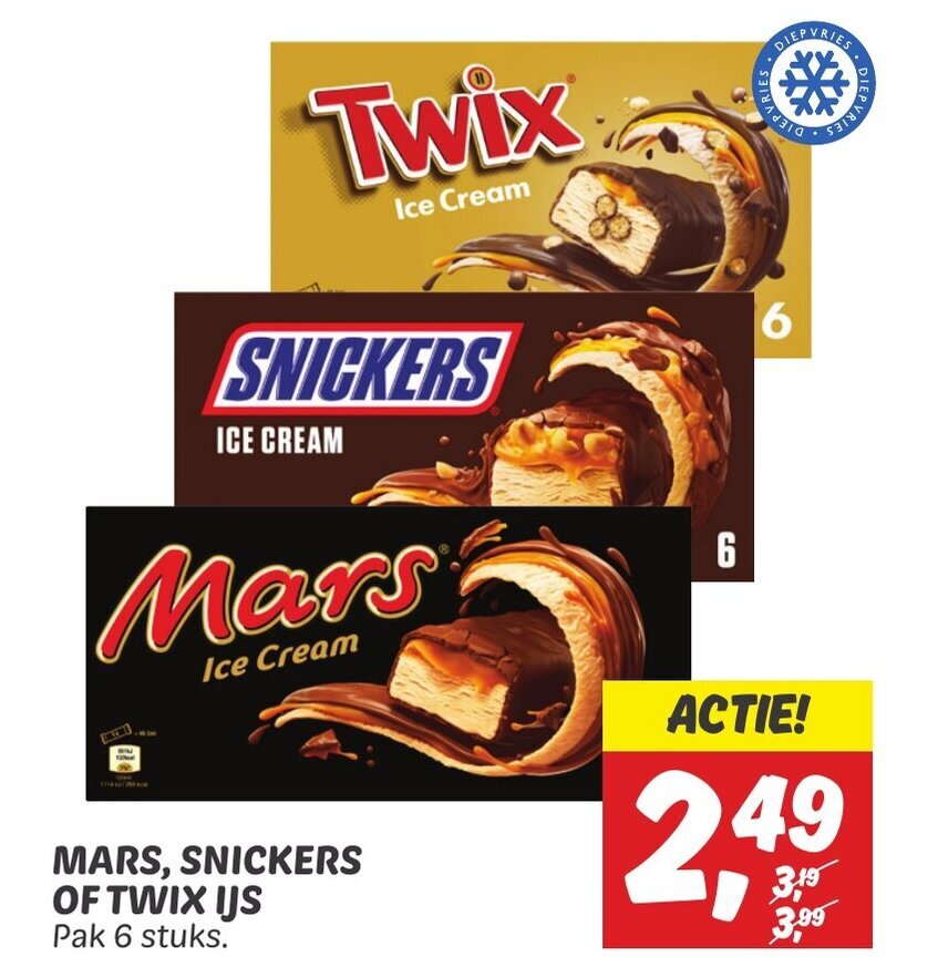 MARS, SNICKERS OF TWIX IJS aanbieding bij Dekamarkt