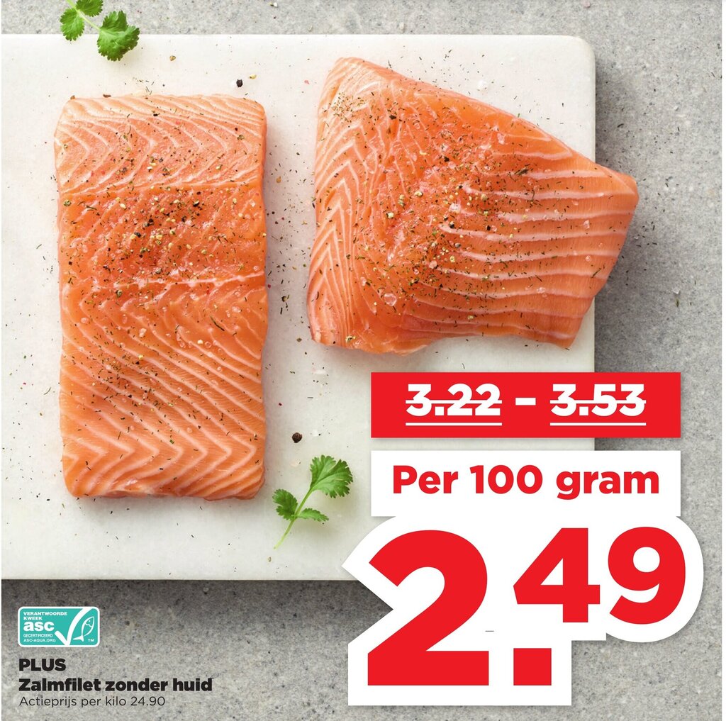 Zalmfilet zonder huid per 100 gram aanbieding bij PLUS
