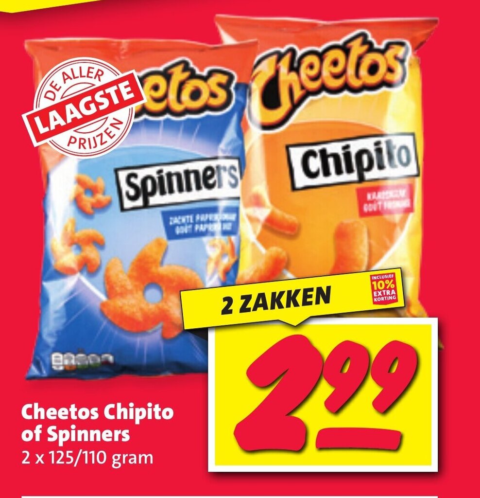 Cheetos Chipito of Spinners 2 x 125/110 gram aanbieding bij Nettorama