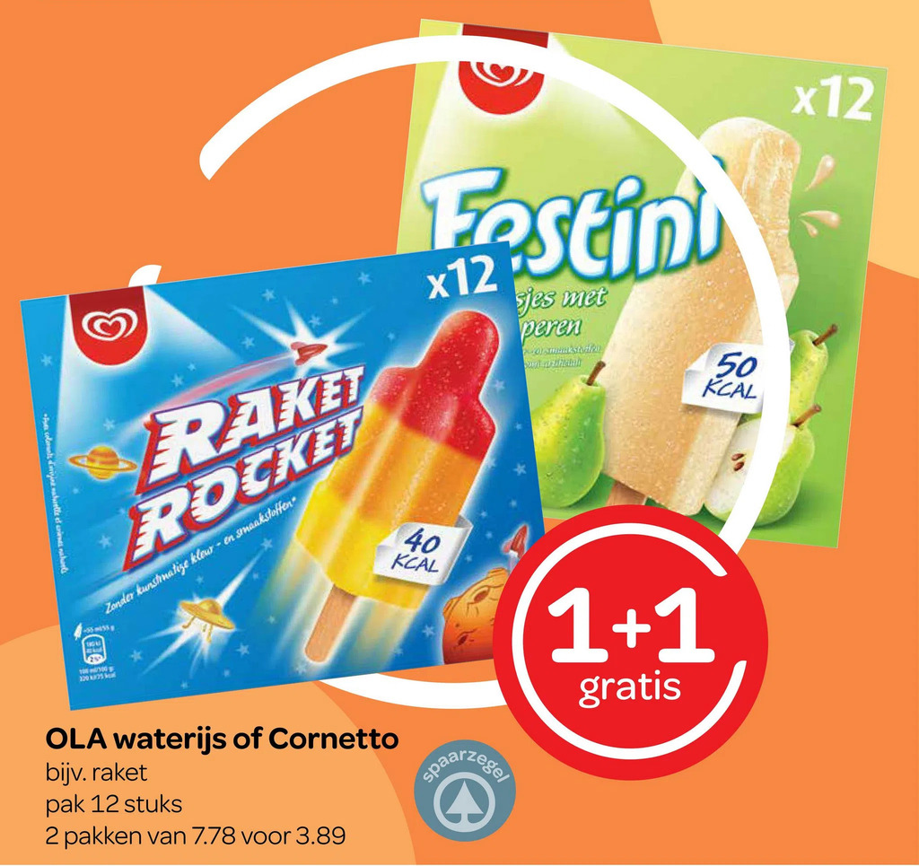 Ola waterijs of cornetto 1+1 gratis aanbieding bij Spar